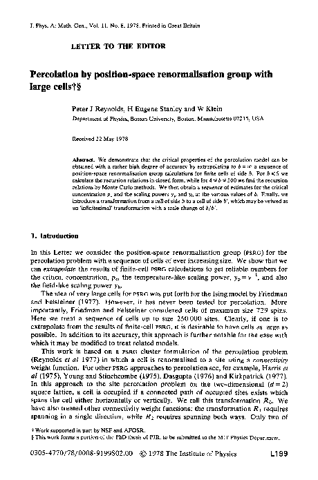(PDF) Percolation by Position-Space Renormalization Group with Large Cells