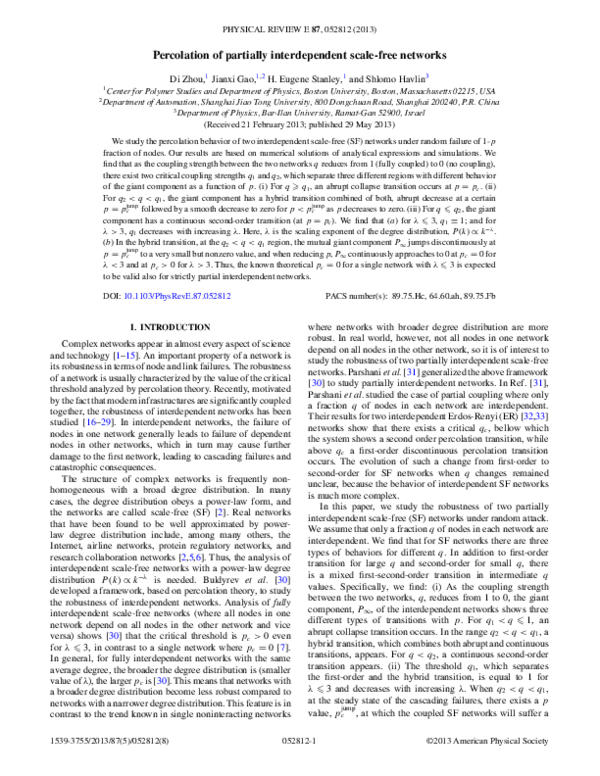 (PDF) Percolation of Partially Interdependent Scale-free Networks