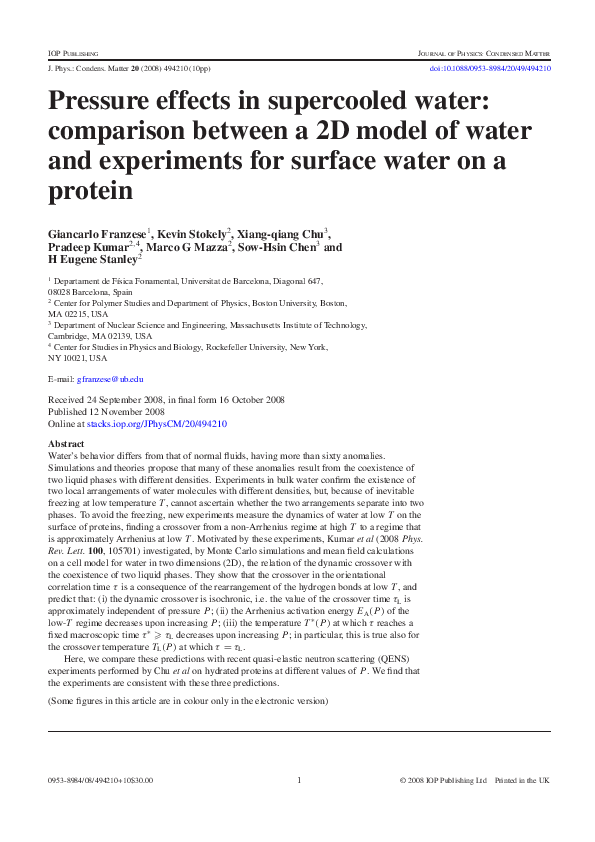 (PDF) Pressure Effects in Supercooled Water