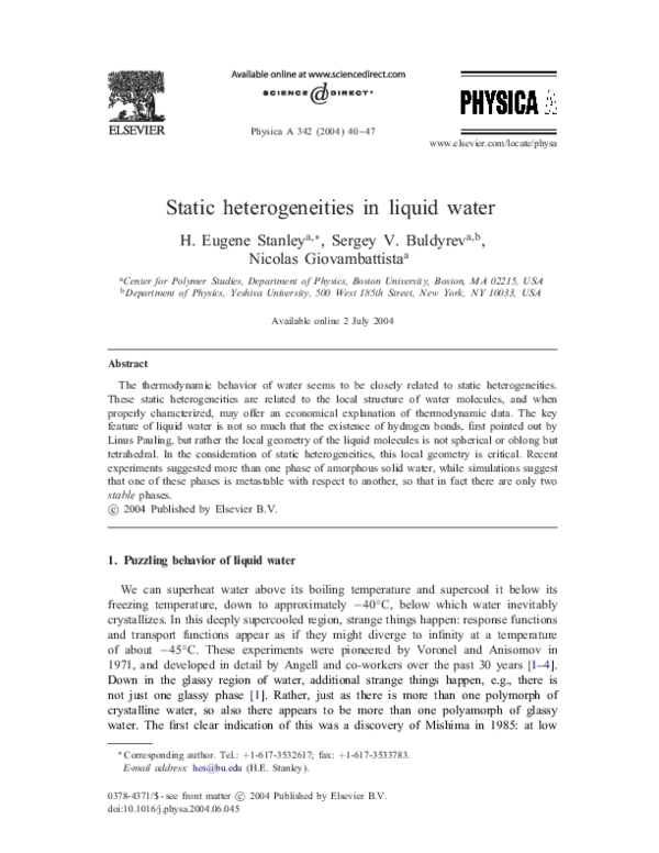 (PDF) Static Heterogeneities in Liquid Water