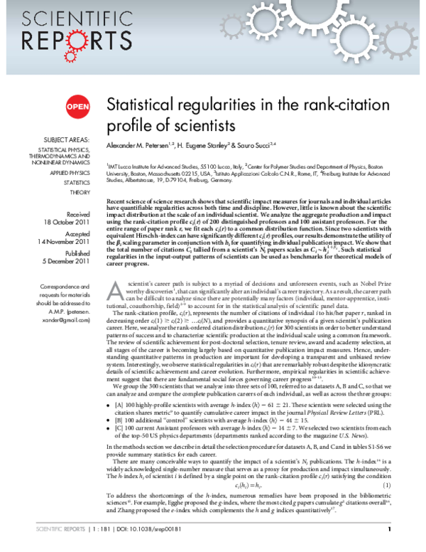 (PDF) Statistical Regularities in the Rank-Citation Profile of Scientists