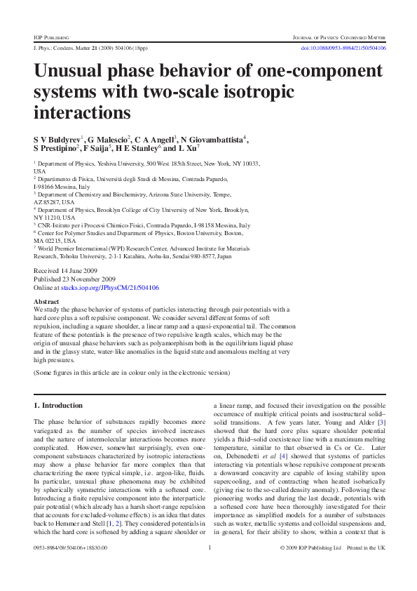 (PDF) Unusual Phase Behavior of One-Component Systems with Two-Scale ...