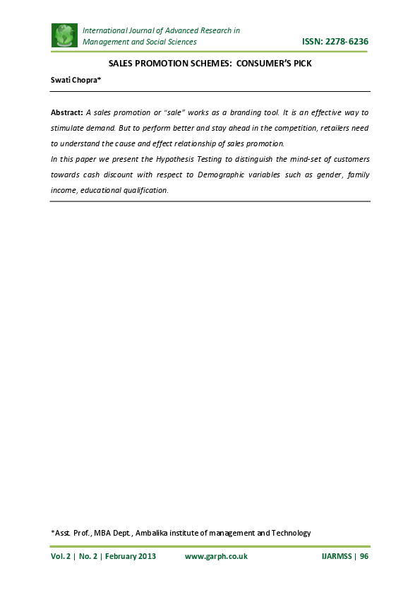 (PDF) SALES PROMOTION SCHEMES: CONSUMER'S PICK