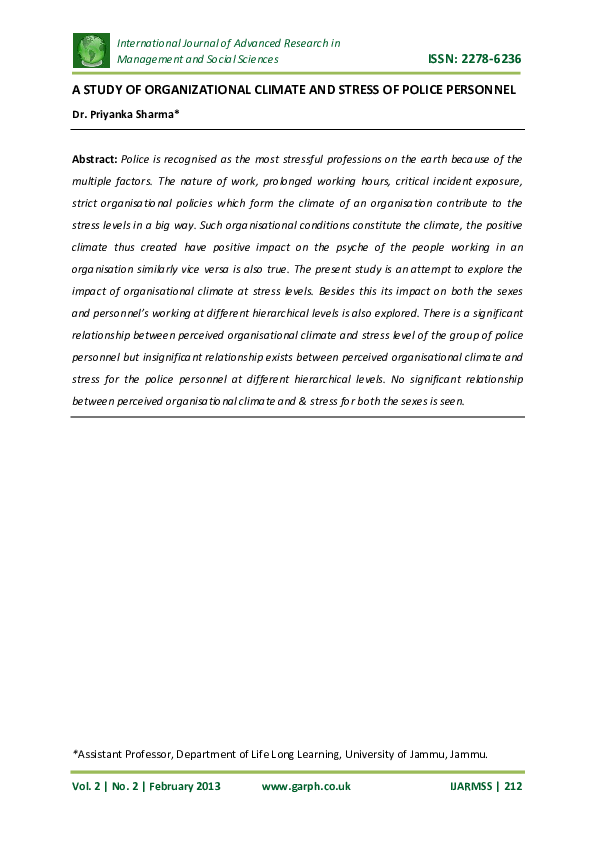 (PDF) A STUDY OF ORGANIZATIONAL CLIMATE AND STRESS OF POLICE PERSONNEL ...