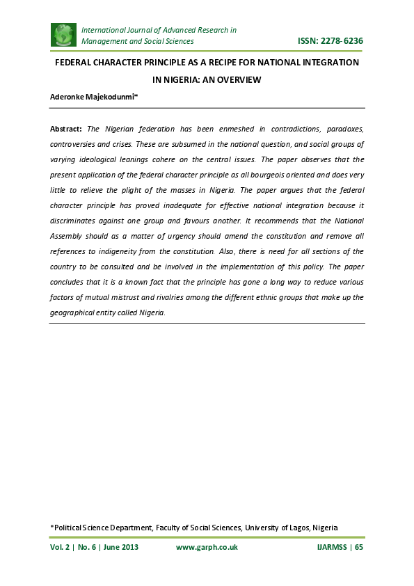 (PDF) FEDERAL CHARACTER PRINCIPLE AS A RECIPE FOR NATIONAL INTEGRATION ...