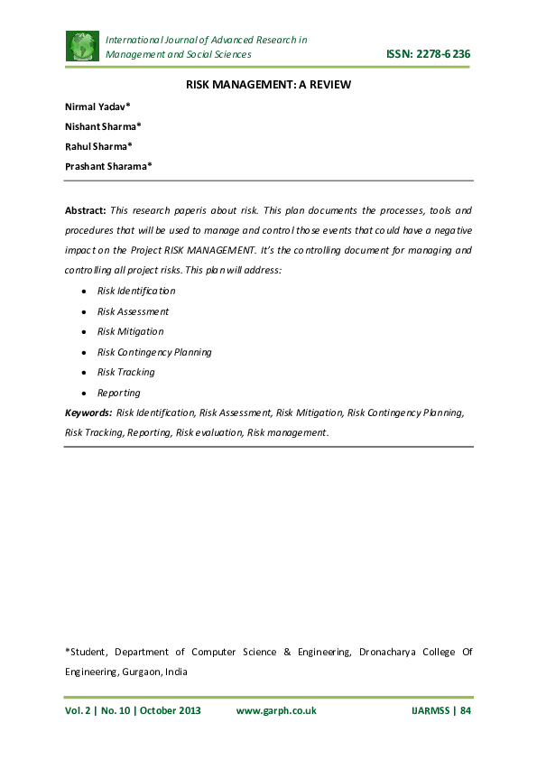 (PDF) RISK MANAGEMENT: A REVIEW