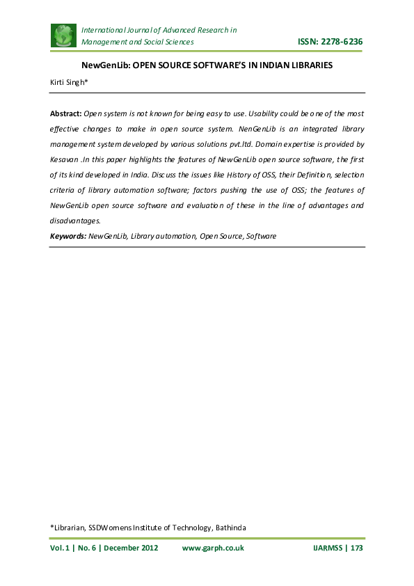 (PDF) NewGenLib: OPEN SOURCE SOFTWARE'S IN INDIAN LIBRARIES