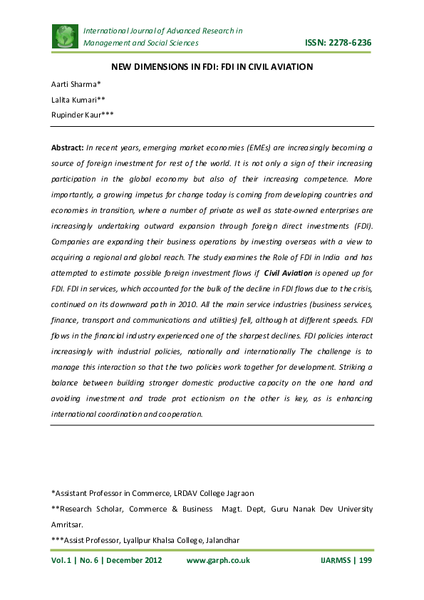 (PDF) NEW DIMENSIONS IN FDI: FDI IN CIVIL AVIATION