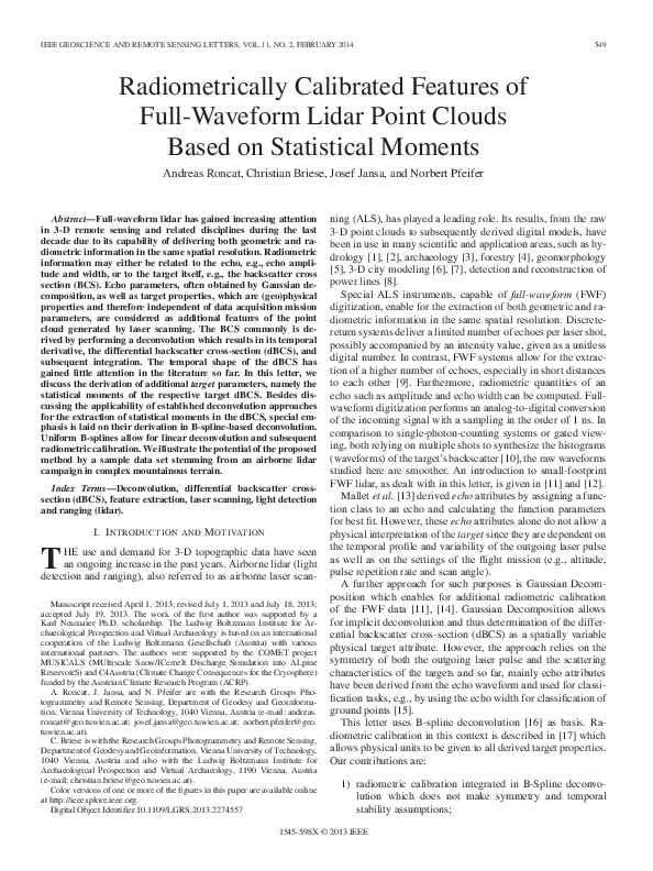 Pdf Radiometrically Calibrated Features Of Full Waveform Lidar Point Clouds Based On