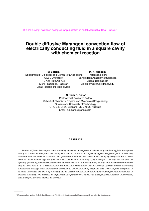 Pdf Double Diffusive Marangoni Convection Flow Of Electrically Conducting Fluid In A Square