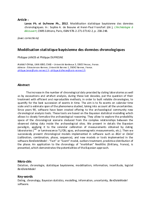 (PDF) Article : Modélisation statistique bayésienne des données chronologiques