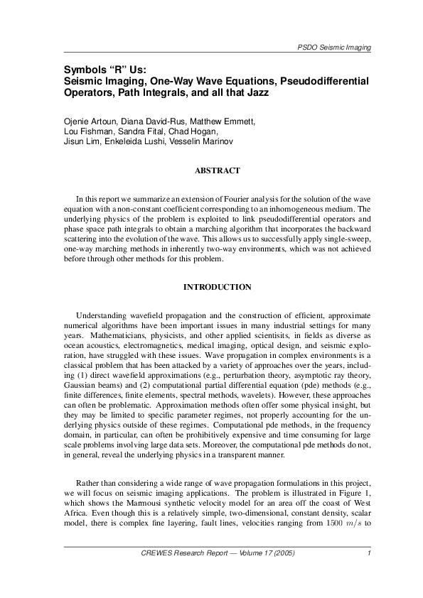 (PDF) Symbols "R" Us: Seismic Imaging, One-Way Wave Equations, Pseudodifferential Operators ...