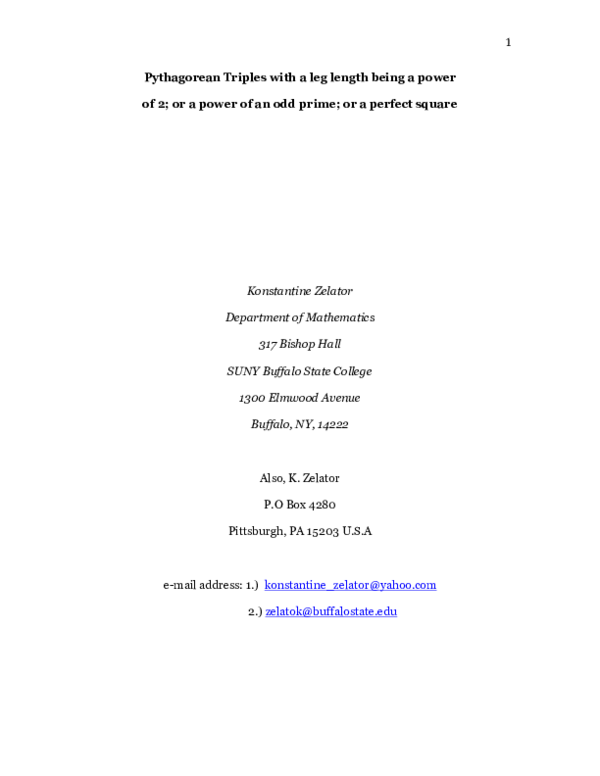 (PDF) Pythagorean Triples with a leg length being a power of 2; or a ...