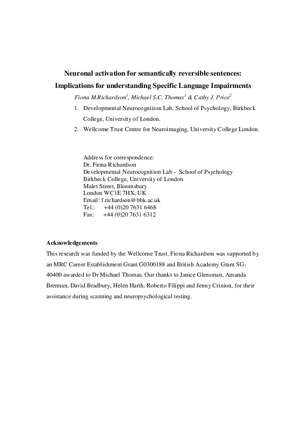 (PDF) Neuronal activation for semantically reversible sentences ...