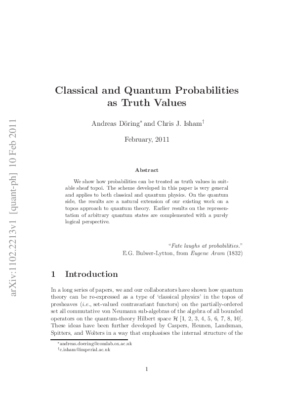 (PDF) Classical and Quantum Probabilities as Truth Values