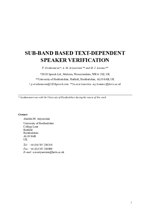 (PDF) Subband based text-dependent speaker verification