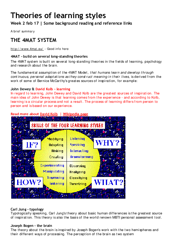 (PDF) Theories of learning styles Week 2 feb 17 | Some background ...