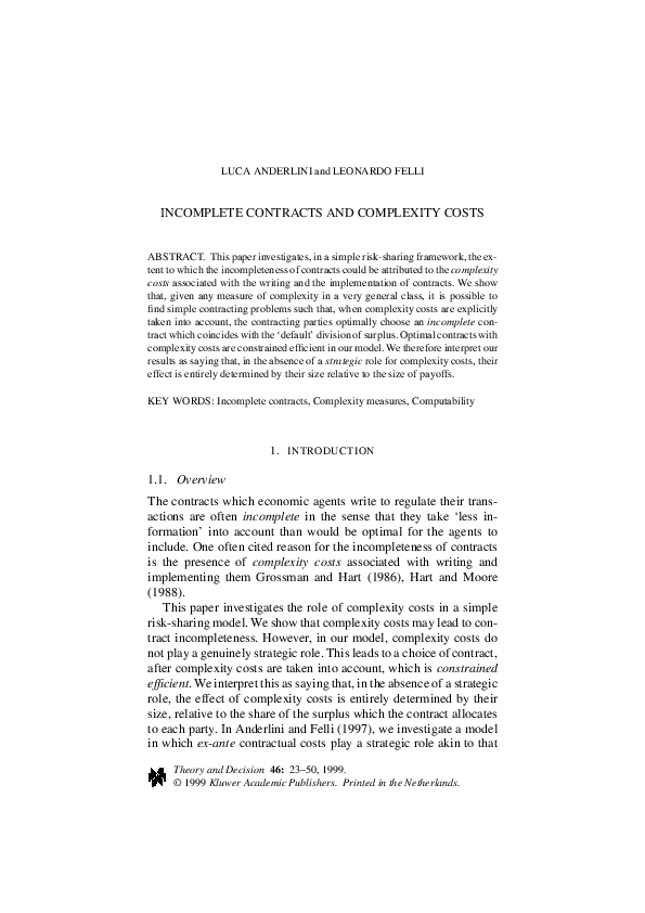 (PDF) Incomplete Contracts and Complexity Costs