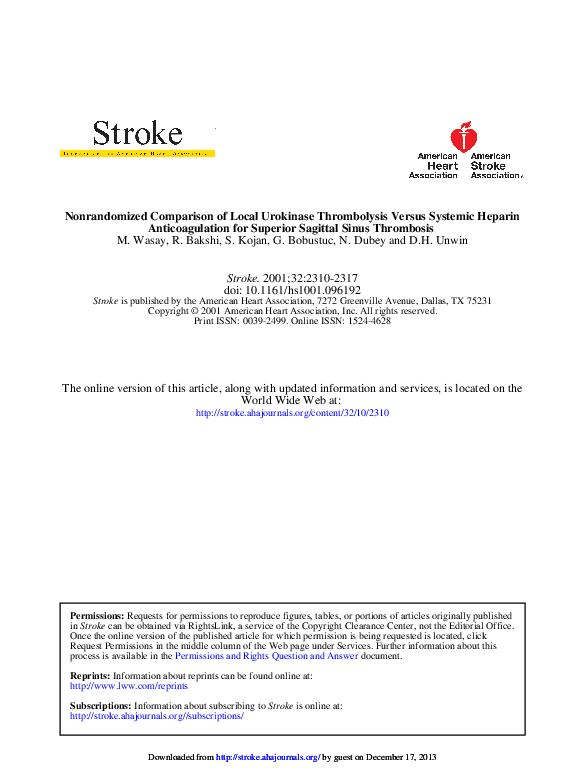 (PDF) Nonrandomized Comparison of Local Urokinase Thrombolysis Versus ...