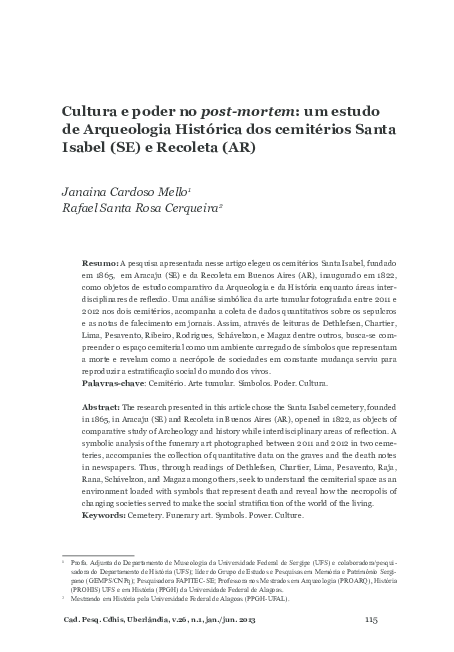 (PDF) Cultura e poder no post-mortem: um estudo de Arqueologia Histórica dos cemitérios Santa ...