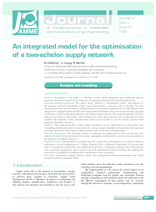 (PDF) An integrated model for the optimisation of a two-echelon supply ...