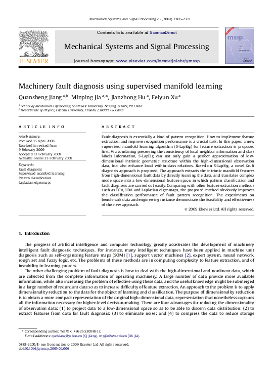(PDF) 蒋Machinery fault diagnosis using supervised manifold learning