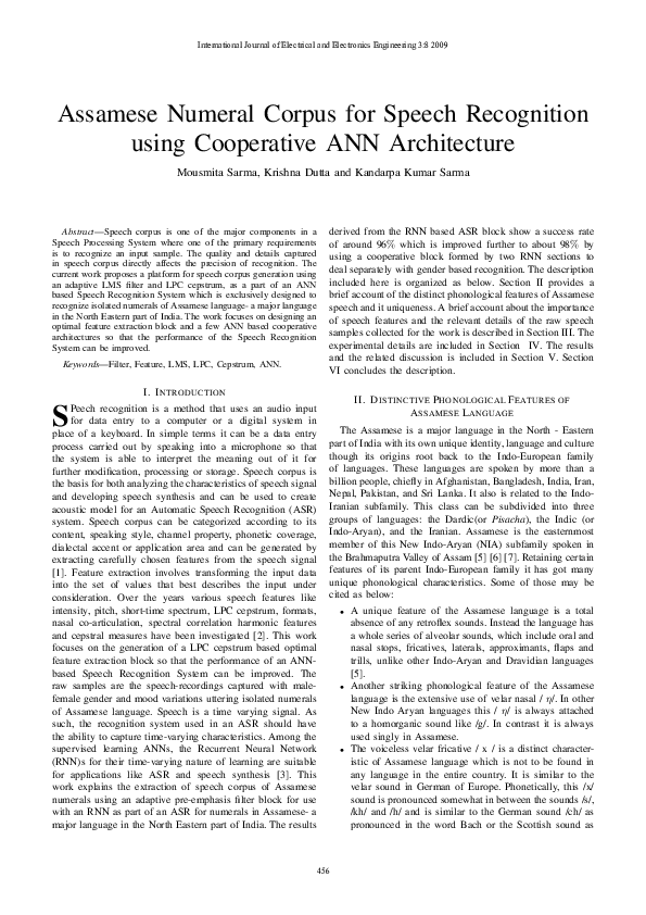 Pdf Assamese Numeral Corpus For Speech Recognition Using Cooperative Ann Architecture