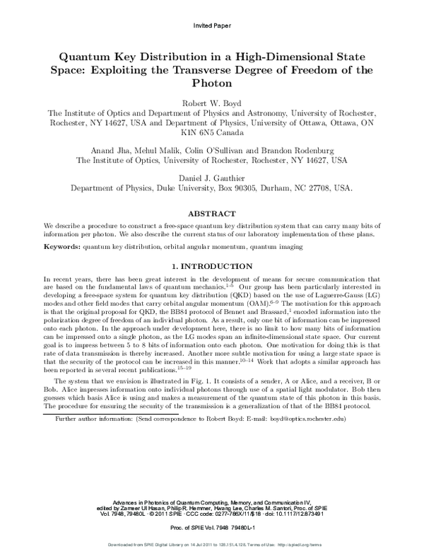 Pdf Quantum Key Distribution In A High Dimensional State Space Exploiting The Transverse