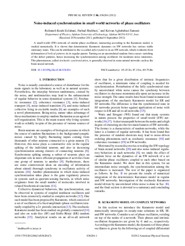 Pdf Noise Induced Synchronization In Small World Networks Of Phase
