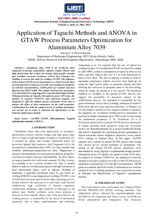 Pdf Journal Application Of Taguchi Methods And Anova In Gtaw