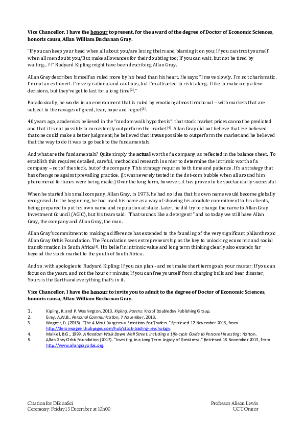 (PDF) 2013 Citation of honorary degree awarded to Allan Gray