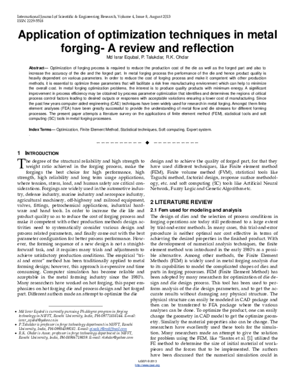 Pdf Application Of Optimization Techniques In Metal Forging A Review