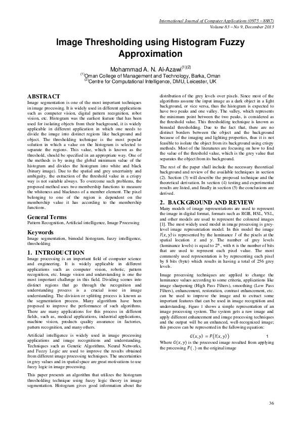 Pdf Image Thresholding Using Histogram Fuzzy Approximation