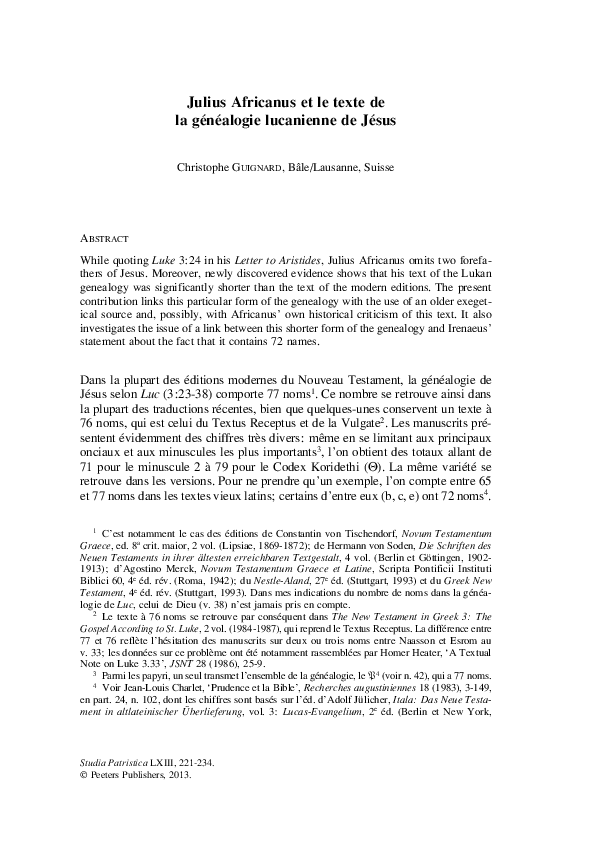 Julius Africanus et le texte de la généalogie lucanienne de Jésus