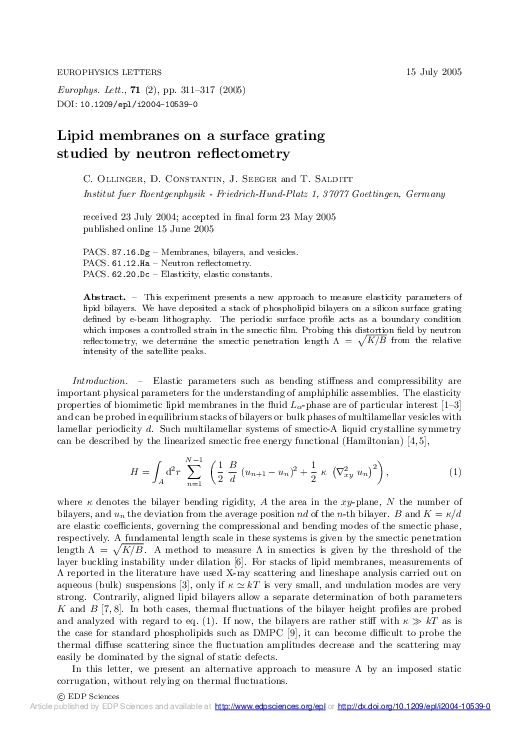 (PDF) Lipid membranes on a surface grating studied by neutron reflectometry
