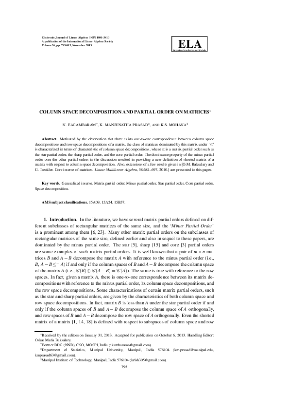 Column Space Decomposition And Partial Order On Matrices∗