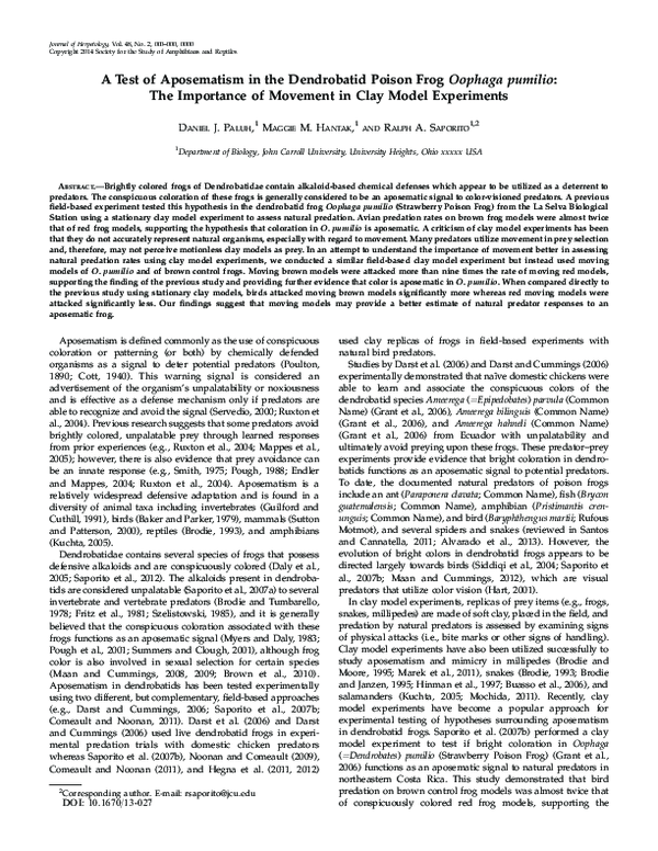 (PDF) A Test of Aposematism in the Dendrobatid Poison Frog Oophaga ...