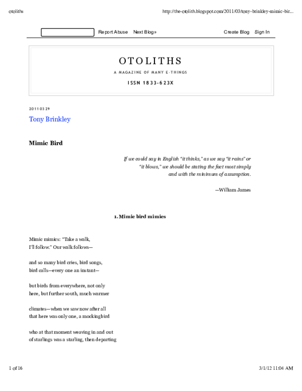 (PDF) Mimic Bird. A sequence of poems. | Tony Brinkley - Academia.edu