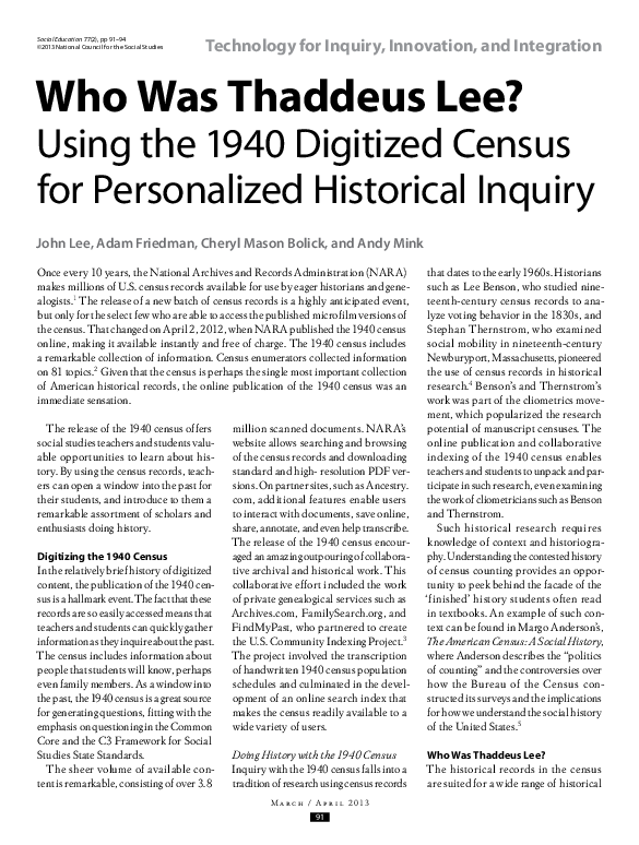 (PDF) Who was Thaddeus Lee?: Using the 1940 digitized census for personalized historical inquiry