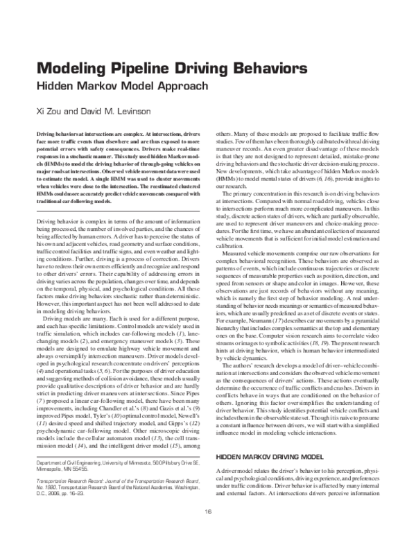 Pdf Modeling Intersection Driving Behaviors A Hidden Markov Model