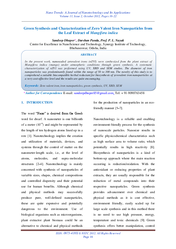 (PDF) GREEN SYNTHESIS AND CHARACTERIZATION OF ZERO VALENT IRON NANOPARTICLES FROM THE LEAF ...