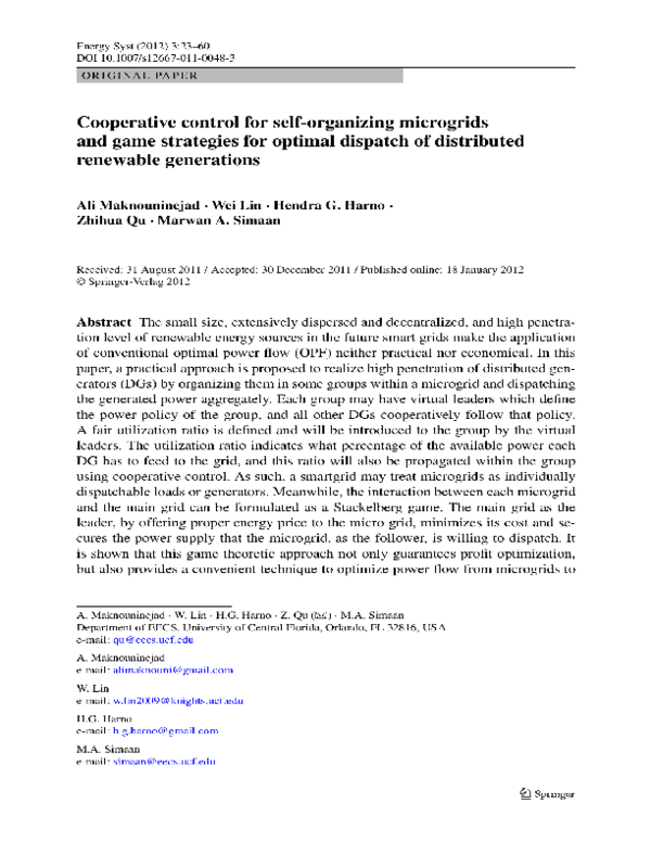 (PDF) Cooperative Control for Self-organizing Microgrids and Game Strategies for Optimal ...