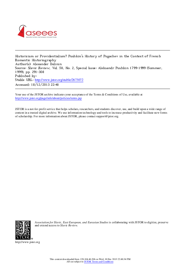 (PDF) Historicism or Providentialism? Pushkin's History of Pugachev in ...
