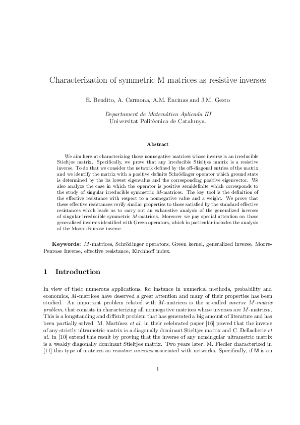 (PDF) Characterization of symmetric M-matrices as resistive inverses