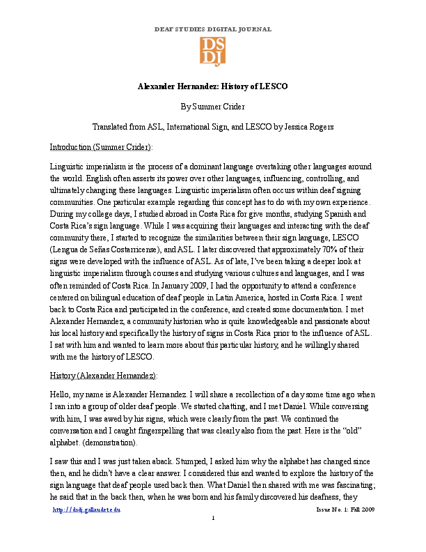 (PDF) History of LESCO: Linguistic Imperialism on Costa Rican Sign Language