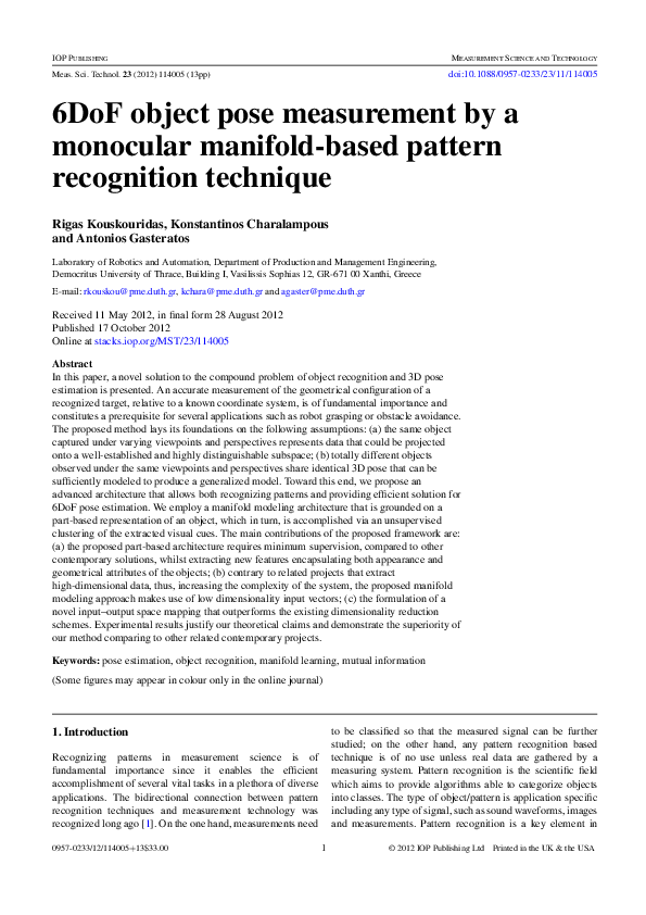 (PDF) 6dof Object Pose Measurement by a Monocular Manifold-based Pattern Recognition Technique