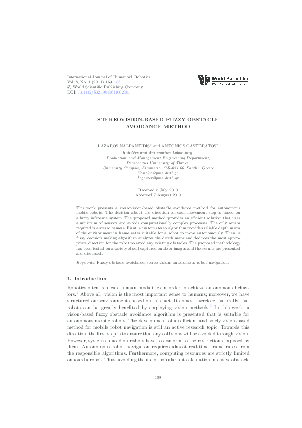 (PDF) STEREOVISION BASED FUZZY OBSTACLE AVOIDANCE METHOD