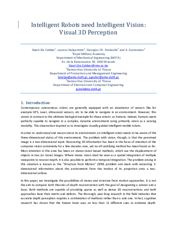 (PDF) Intelligent Robots need Intelligent Vision - Visual 3D Perception ...