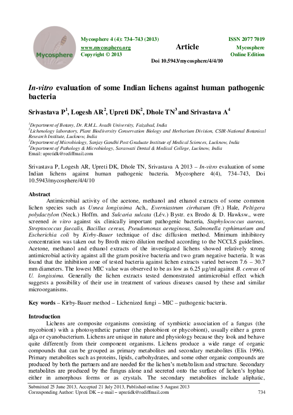 (PDF) In-vitro evaluation of some Indian lichens against human ...