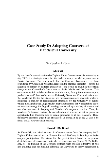 (PDF) “Case Study D: Adopting Coursera at Vanderbilt University.”